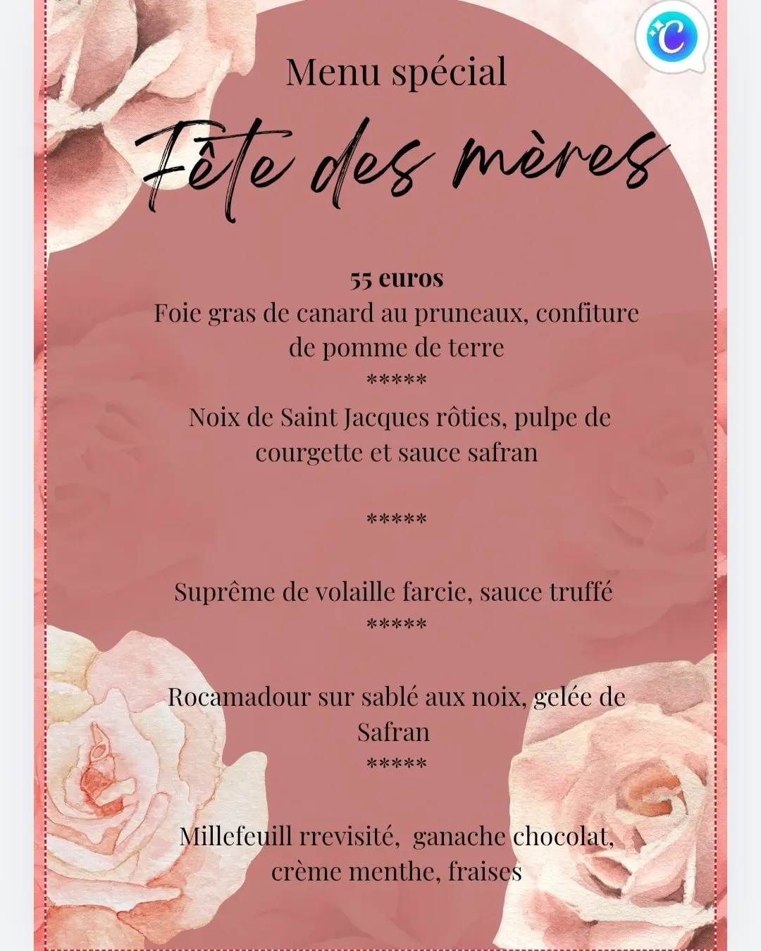 Menu spécial fête des mères à La Bergerie (Saint-Pierre-Lafeuille ...