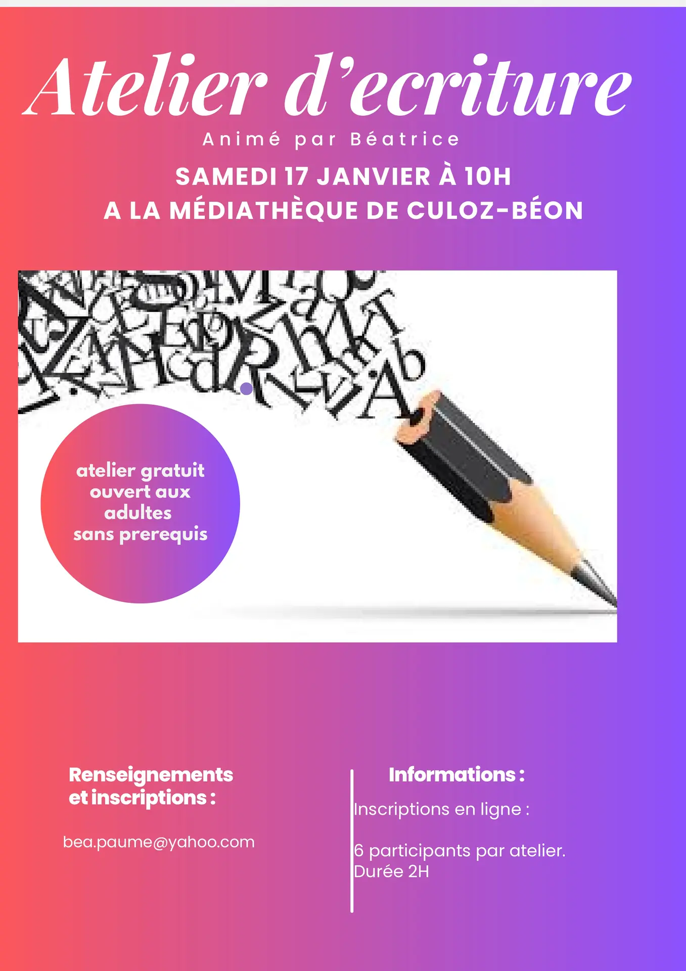 Atelier d’écriture à la médiathèque de Culoz-Béon (Culoz-Béon) | ADT Ain